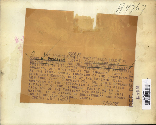 1935 Press Photo Sportsmanship lunch John Bowditch, Capt Frederick ...