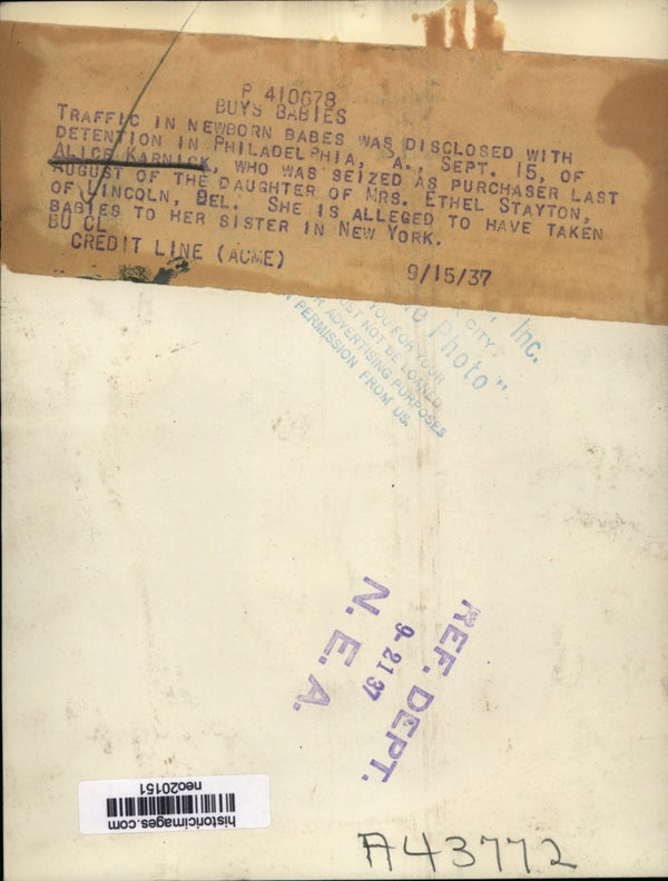 1937 Press Photo Alice Karnick detained in baby trafficing in ...