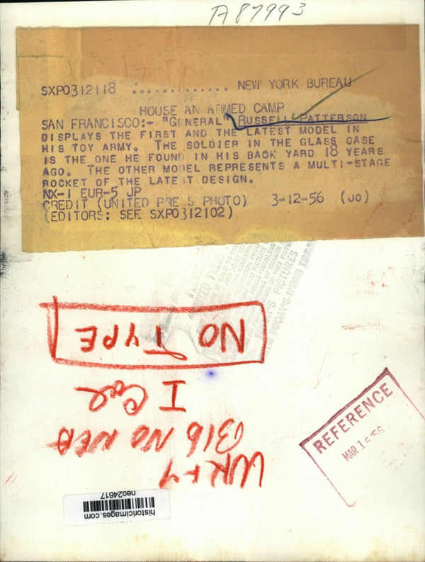 1956 Press Photo Gen. Russell Patterson displays model toy army ...