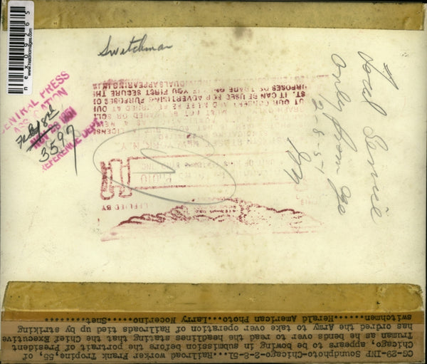 1951 Press Photo Frank Tropine bows in submission before president ...