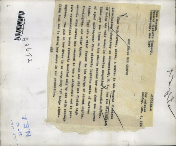 1942 Press Photo Ms. Ruth Forbes, a worker in the Gen. Electric ...