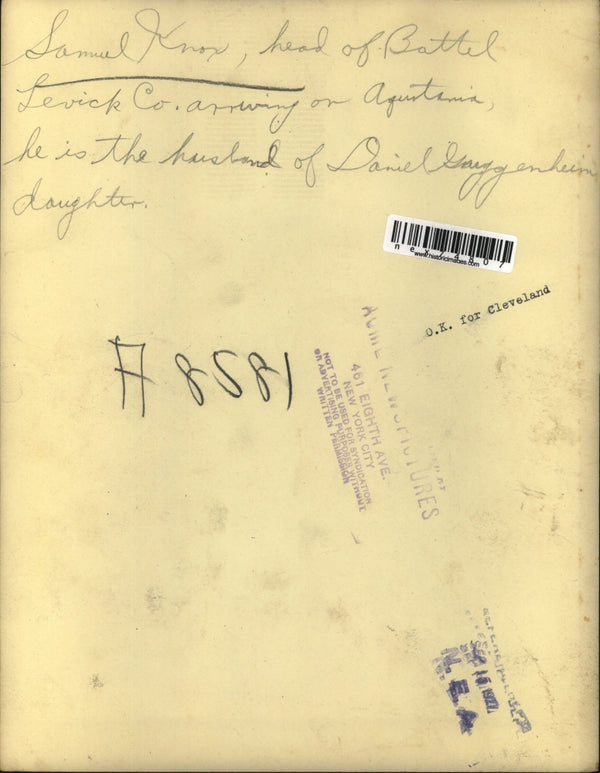 1927 Press Photo Samuel Knox, head of Battle Levick Co. arriving on ...