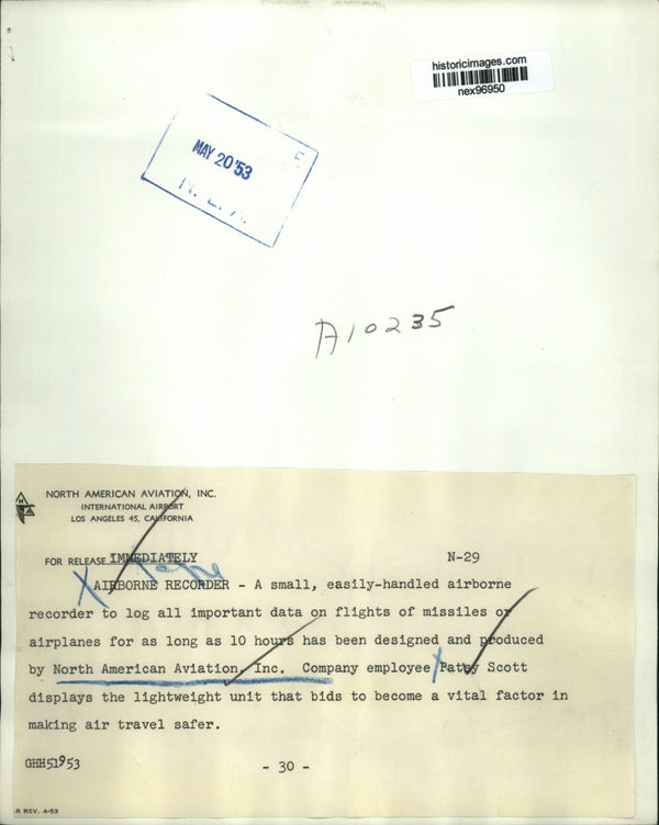 1953 Press Photo Patsy Scott & Airborne Recorder by North American ...