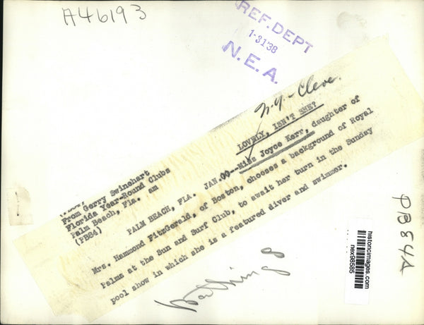 1938 Press Photo Joyce Kerr of Boston at Palm Beach Florida Sun & Surf ...