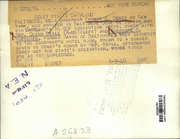 1948 Press Photo NY Governor Thomas Dewey, Rep Glenn Beall of Md ...