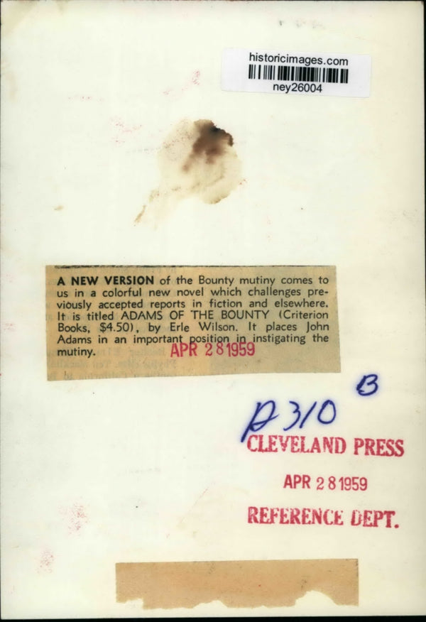 1959 Press Photo Book Jacket From Adams of the Bounty By Erle Wilson ...