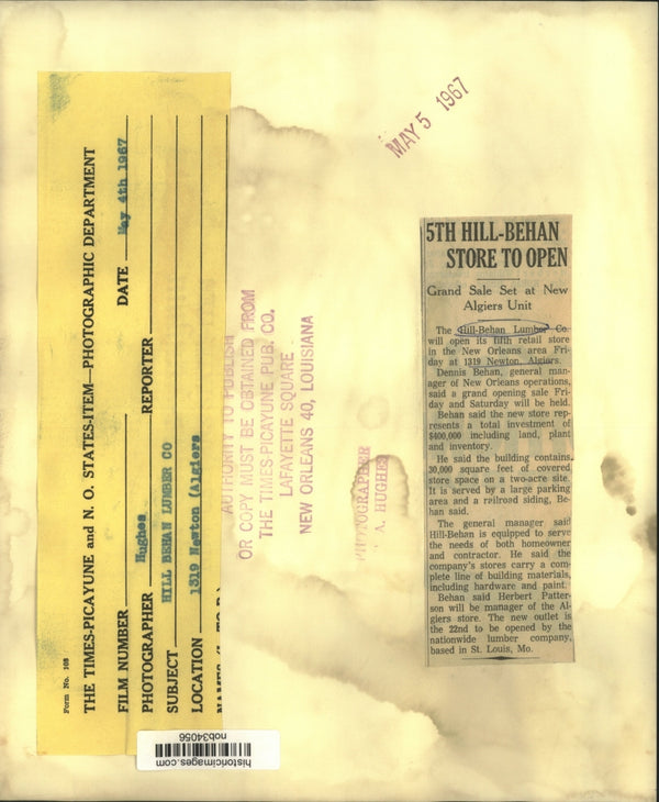 1967 Press Photo Hill Behan Lumber Company at 1319 Newton in Algiers ...