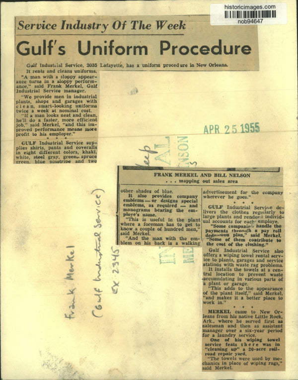 1955 Press Photo Frank Merkel and Bill Nelson discuss Gulf Service ...