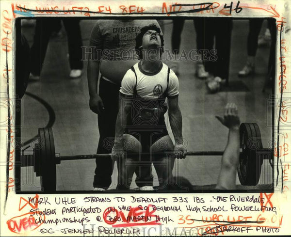 1987 Press Photo Mark Uhle strains to deadlift at Powerlifting ...