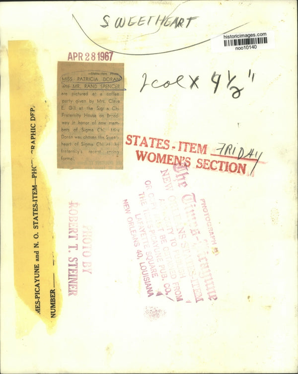 1967 Press Photo New Sigma Chi members Miss Patricia Doran & Mr. Rand ...