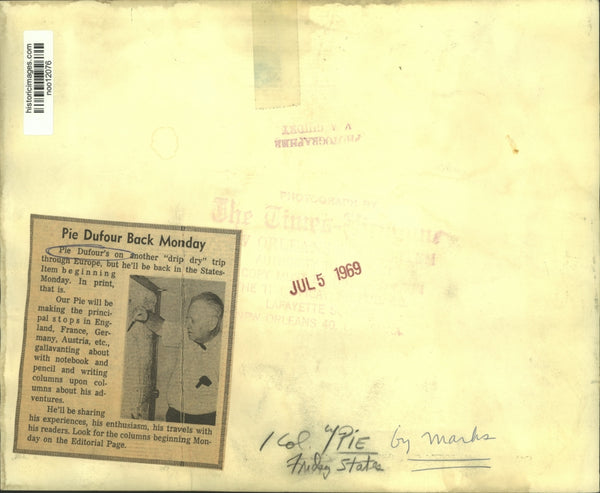 1969 Press Photo States-Item's Pie Dufour plans "drip dry" trip through ...