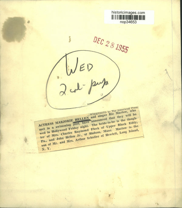 1955 Press Photo Marjorie Hellen and Ric Marlow announce wedding in ...