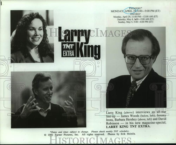 1991 Press Photo Larry King interviews famous stars in Larry King TNT ...
