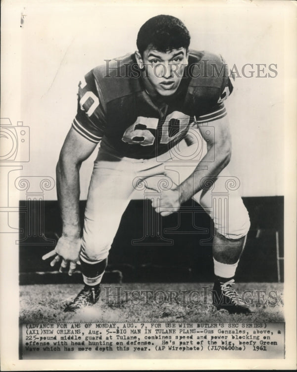 1961 Press Photo Football - Gus Gonzales, middle guard at Tulane ...