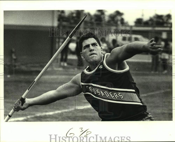1988 Press Photo Brother Martin High javelin thrower Jeff Huth ...