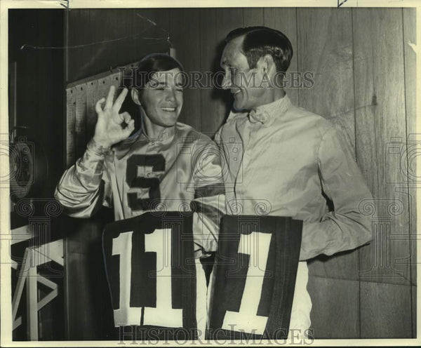 Press Photo Jockeys Tony Munster #11 and Jimmy Nichols #1 hold up ...