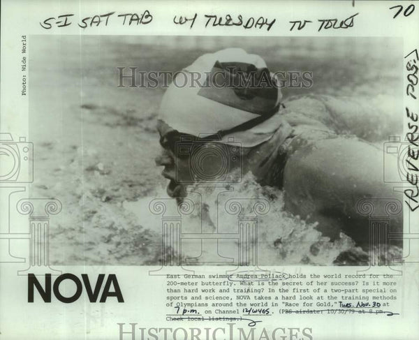 1979 Press Photo East German swimmer Andrea Pollack takes breath during ...