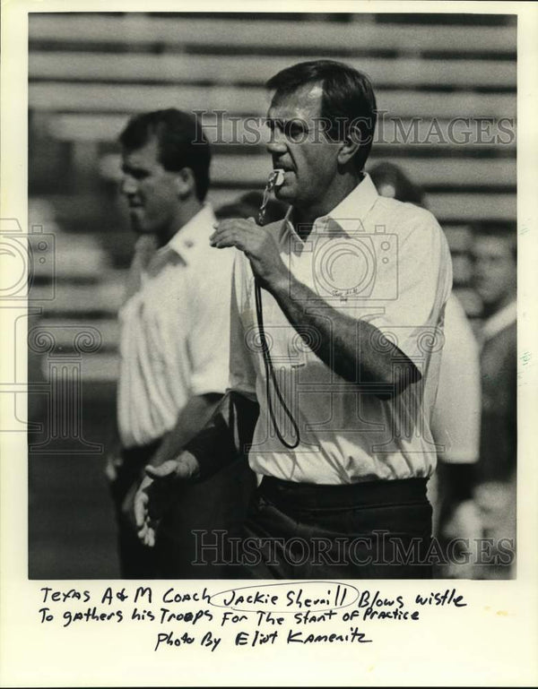 1987 Press Photo Texas A&M coach Jackie Sherrill blows whistle start ...