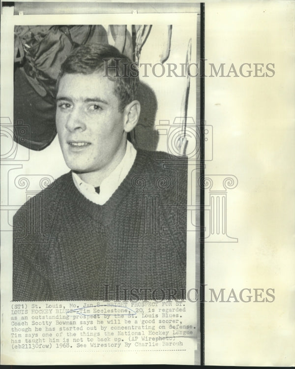 1968 Press Photo Tim Ecclestone, bright prospect for St. Louis Hockey ...