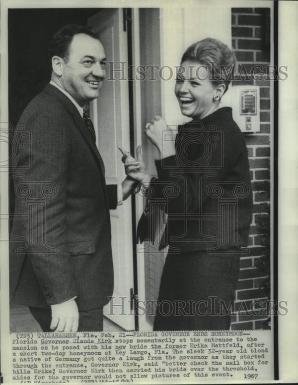 1967 Press Photo Florida Governor Claude Kirk and bride, Erika, at ...