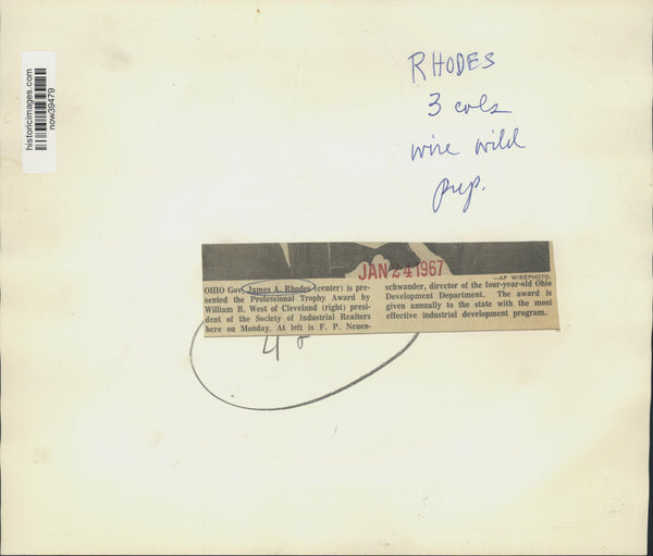 1967 Press Photo William West presents award to Ohio Governor James ...