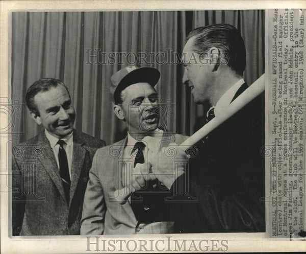 1968 Press Photo Expos' baseball manager Gene Mauch, Jim Fanning & Joh ...