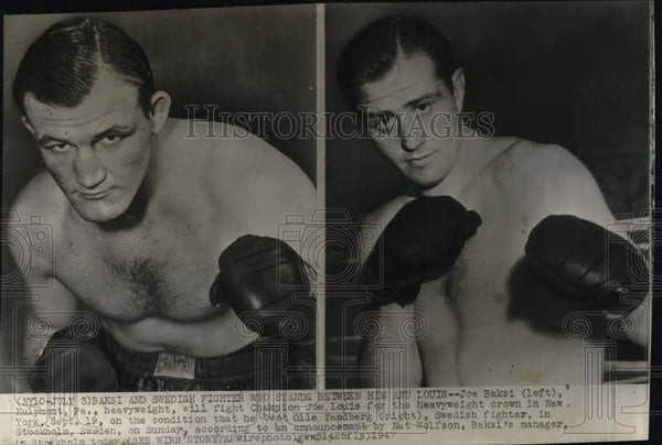 1947 Press Photo Boxer Joe Baksi And Swedish Fighter Olle Tandberg ...
