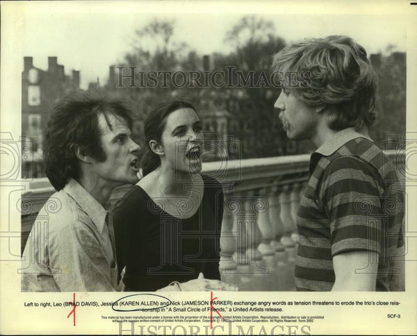 1980 Press Photo Actors Brad Davis, Karen Allen, Jameson Parker shout ...