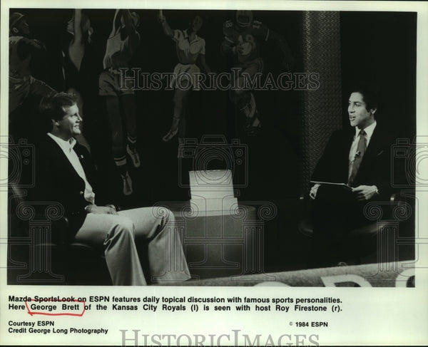 1984 Press Photo Mazda SportsLook Host Roy Firestone & George Brett of ...