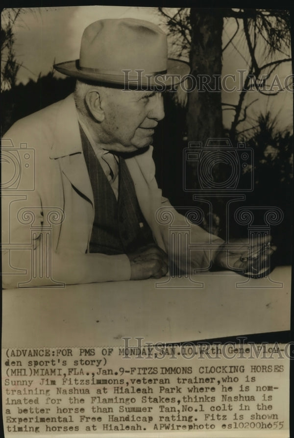 1955 Press Photo Veteran Horse Trainer Jim Fitzsimmons at Hialeah Park ...