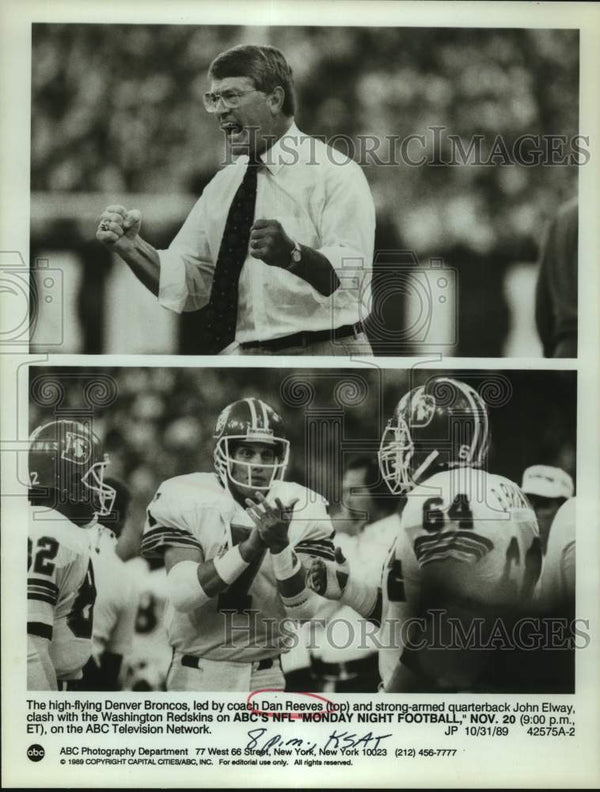 1989 Press Photo Denver Broncos coach Dan Reeves and quarterback John ...