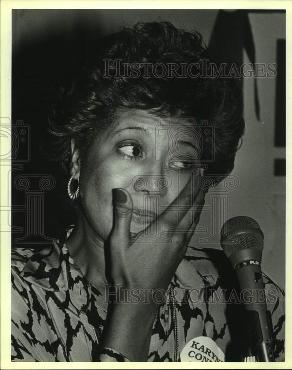 1988 Press Photo Winning candidate Karyne Conley cries tears of joy ...