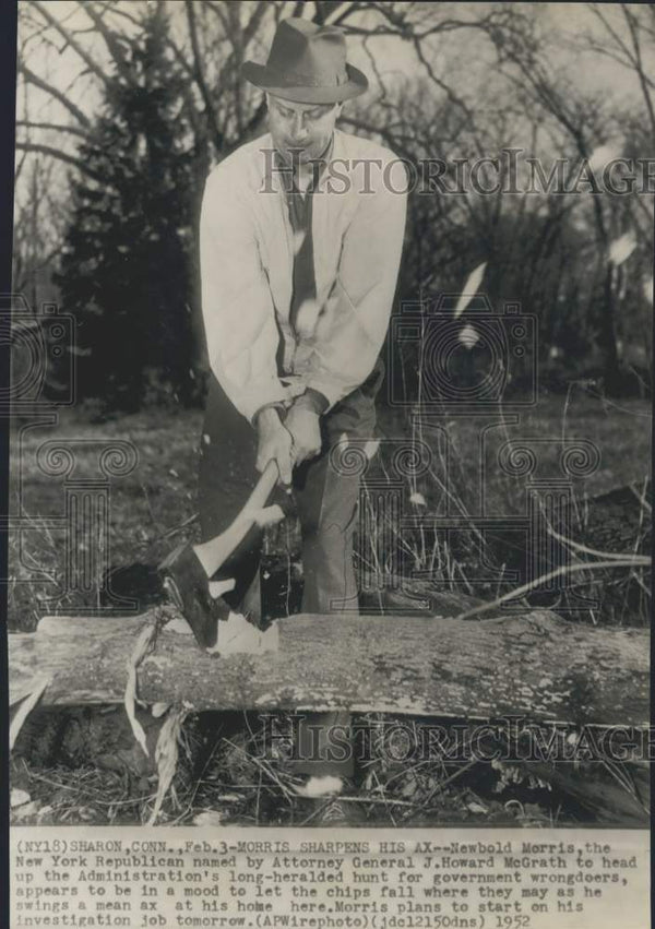 1952 Press Photo Attorney General Newbold Morris cuts wood, Sharon ...