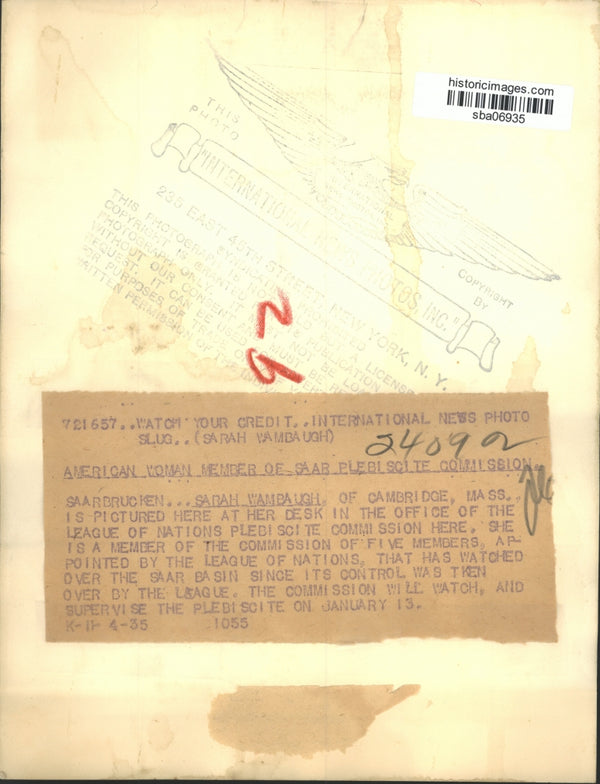 1935 Press Photo Sarah Wambaugh, League of Nations Plebiscite ...