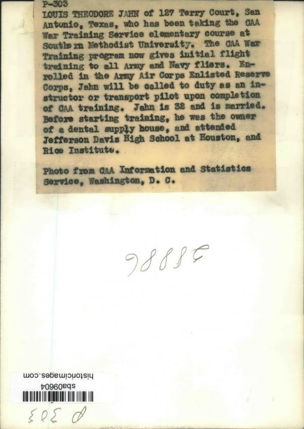 Press Photo Louis Theodore Jahn of Texas CAA War Trainee Service ...