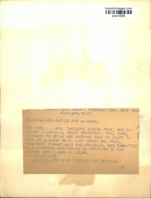 1937 Press Photo Mrs. Theodore Gordon Peck charged husband for alimony ...