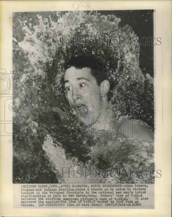 1960 Press Photo Alan Somers takes a breath as he swims to victory ...