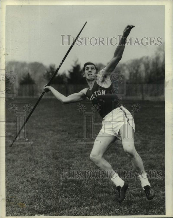 Press Photo Milton track athlete Milt Jarmone throws javelin during ...