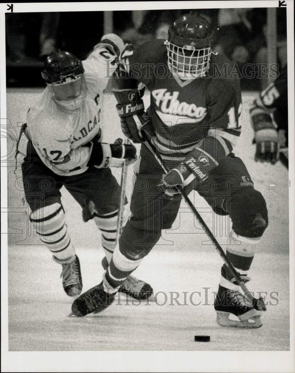 1990 Press Photo Dave Schneid and Loren Gardner go after hockey puck in ...