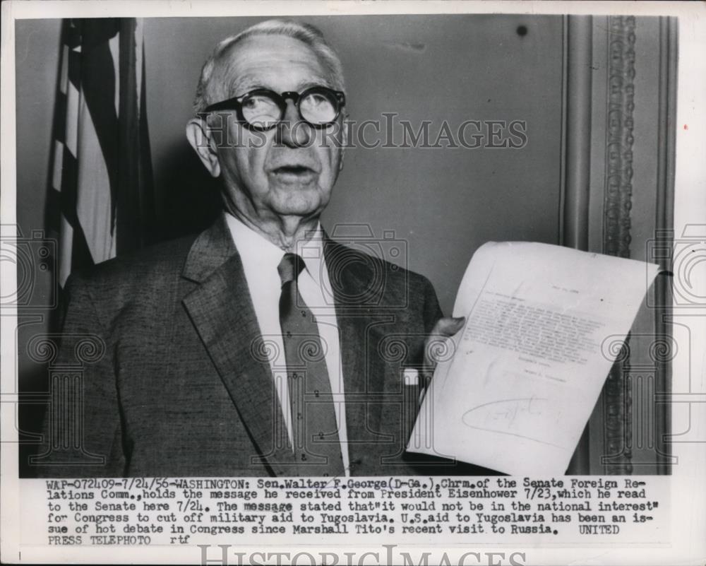 1956 Press Photo Senator Walter F. George with Letter from President E ...