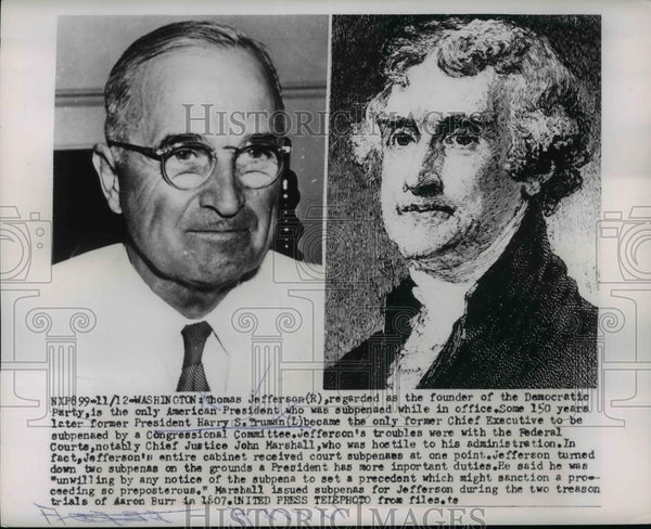 1953 Press Photo President Harry Truman, Thomas Jefferson only Subpena ...