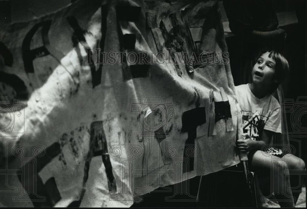 Zach Hudson holding Save the Earth sign, Wisconsin, 1990 vintage press ...