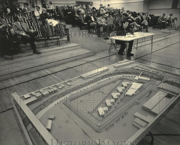 Model of Menomonee Valley prison at public meeting, Milwaukee, 1984 ...