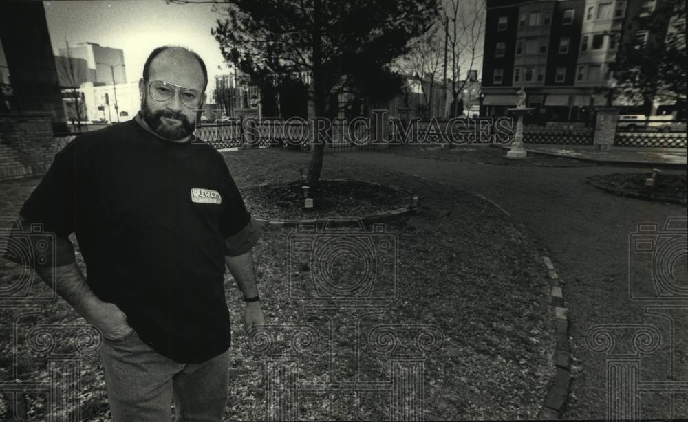 Tom Shepard standing in the garden next to his restaurant., 1992 ...