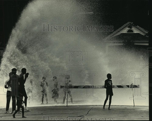 Youngsters play in fire hydrant water during Wisconsin heat, 1988 ...