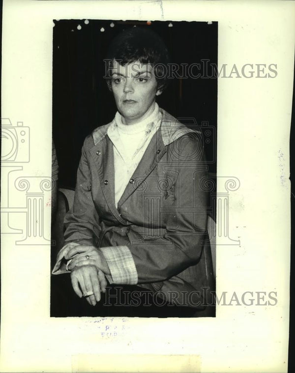 Barbara Timm waits at Kennedy International Airport, 1980 vintage press ...