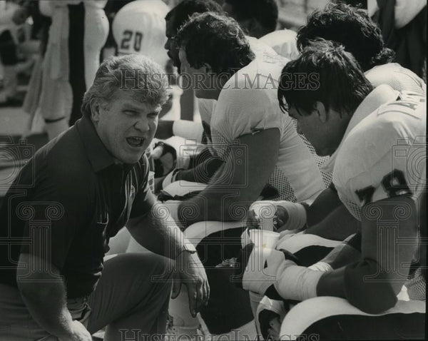 Assistant Football Coach Tom Banks tries to fire up the troops, 1985 ...