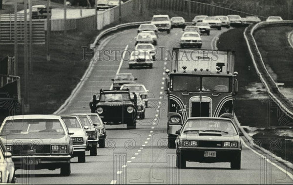 Traffic buildup on East-West freeway in Milwaukee, Wisconsin, 1980 ...
