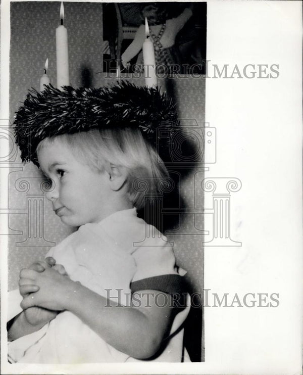 Press Photo Two Year Old Lucia Bride & birthday candle hat - Historic ...