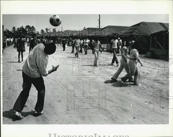 Press Photo Cuban Refugees Playing Soccer - Historic Images